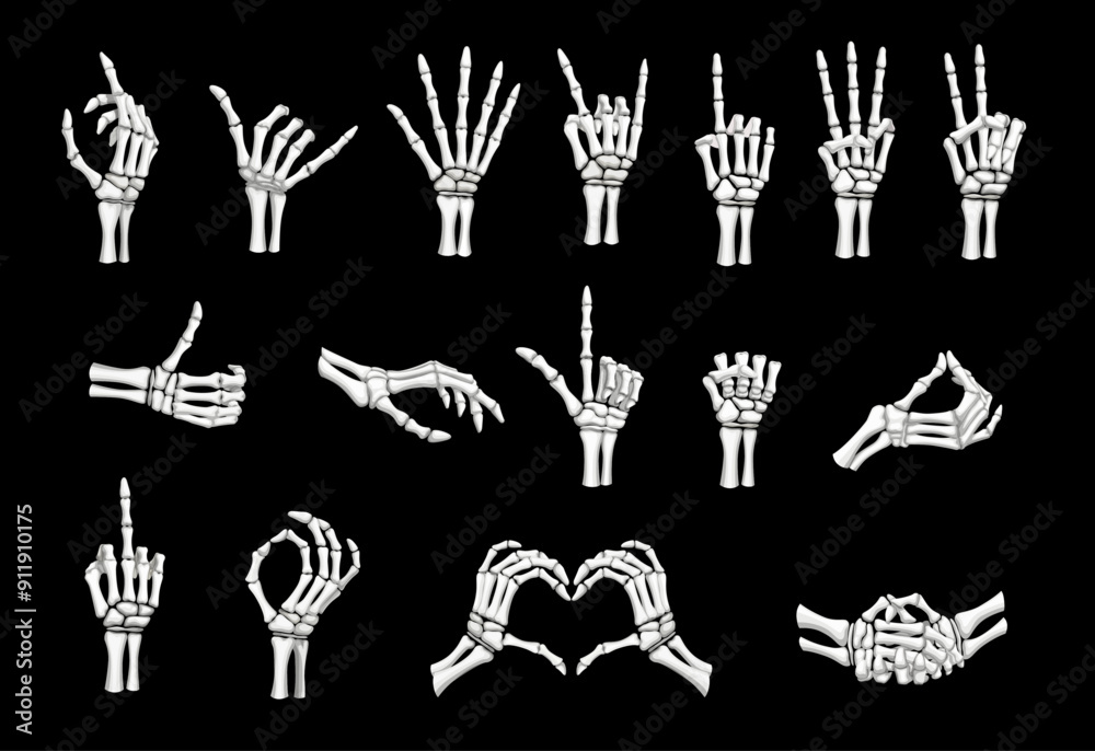 Skeleton hand gestures. Vector Halloween human skull finger bones ...