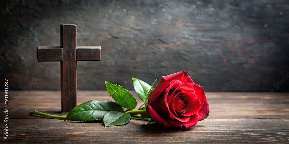 Appealing sympathy card with red rose and black cross, grief, mourning ...