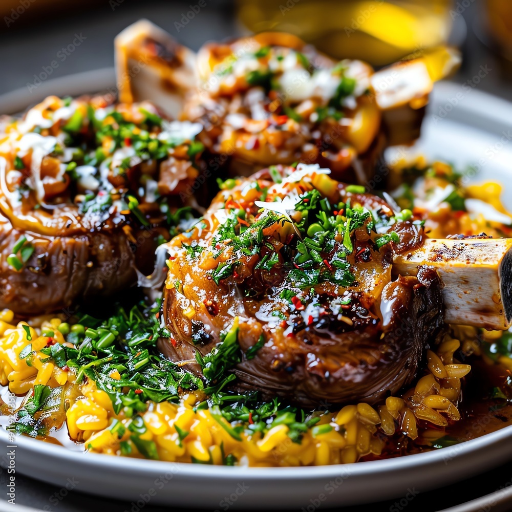 Organic Italian osso buco with gremolata, served with saffron risotto ...