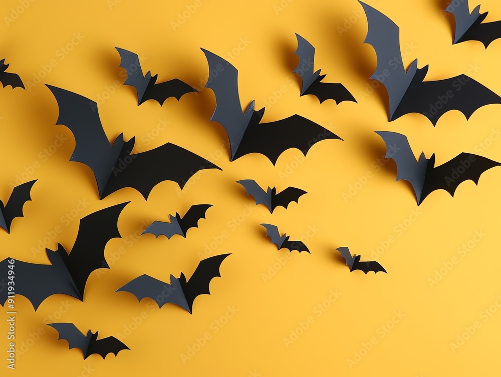 Yellow background with black paper bats in midflight, highangle shot ...
