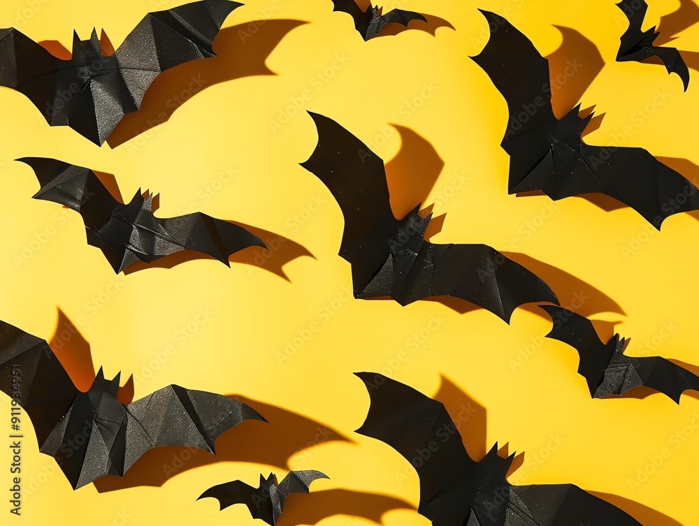 Yellow background with black paper bats in midflight, highangle shot ...