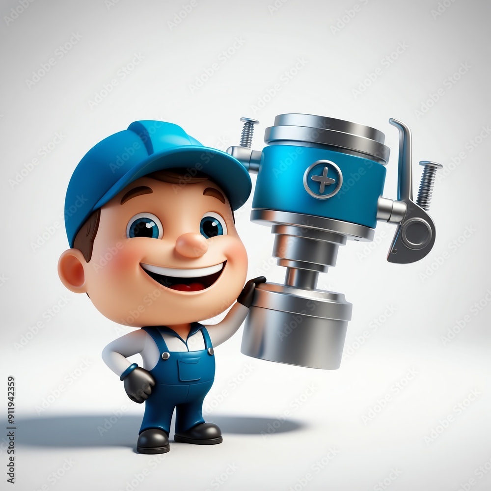smiling cute mechanic guy 3d cartoon character on plain white ...