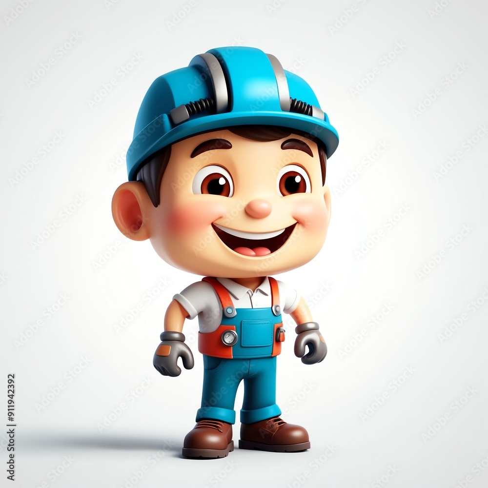 smiling cute mechanic guy 3d cartoon character on plain white ...