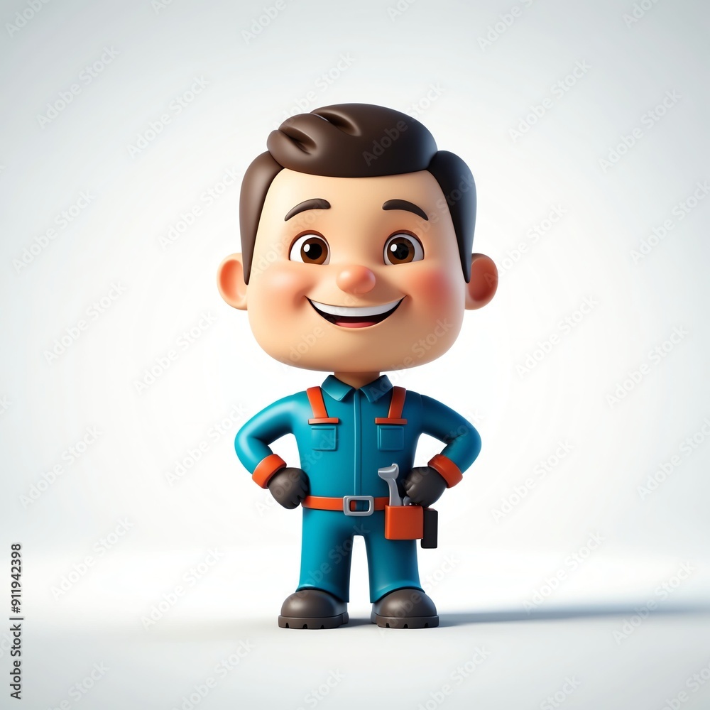 smiling cute mechanic guy 3d cartoon character on plain white ...