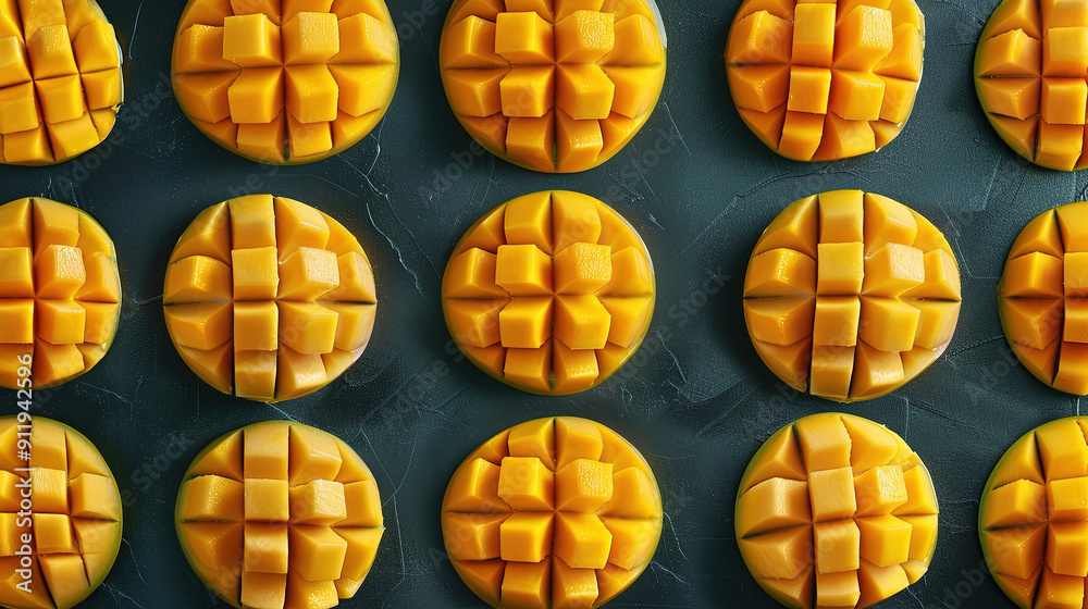 Top view fresh cut mango detailed on a black background. Many cut mango ...