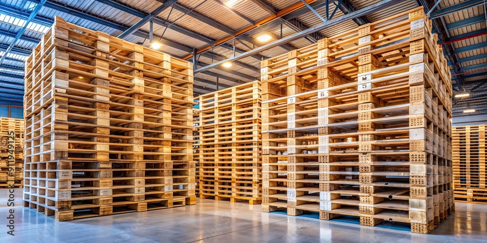 Wooden pallets stacked in a warehouse for industrial storage and ...