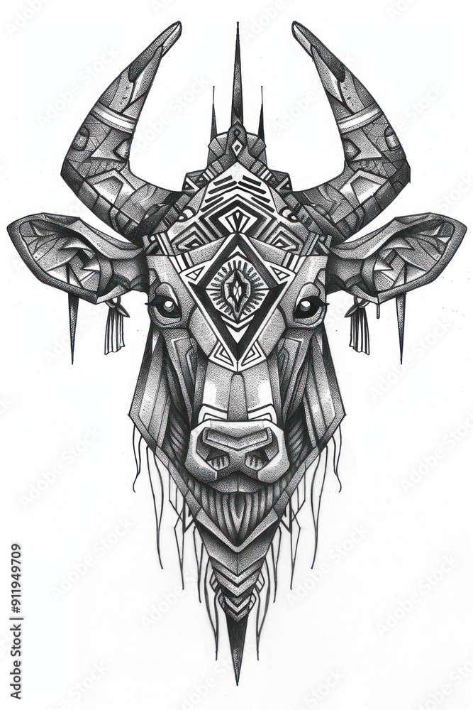 Geometric bull head illustration with a detailed, black and white ...