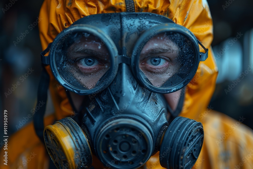 Chemical industry safety man in gas mask for respiratory and personal ...