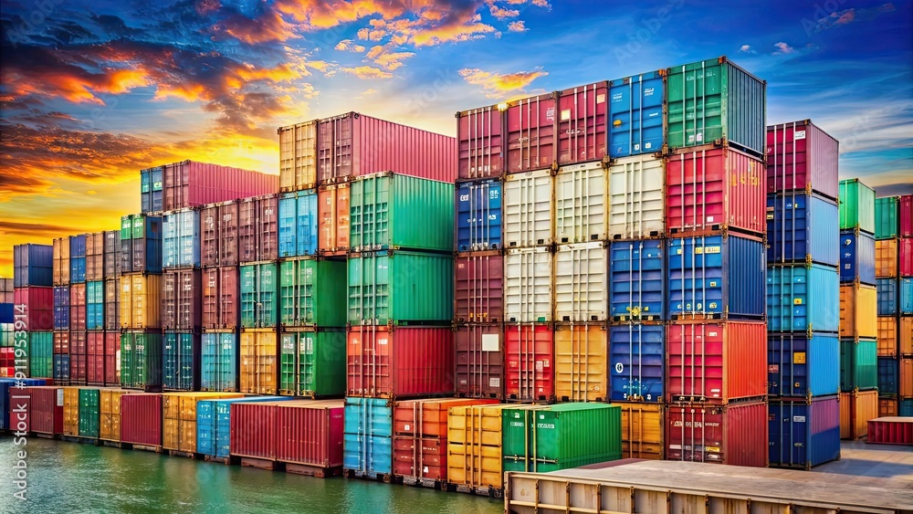 Stack of colorful shipping containers in a bustling harbor , shipping ...