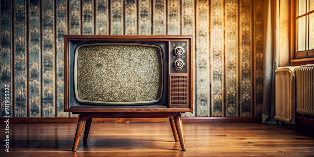Vintage television displaying static noise in a cozy indoor setting ...