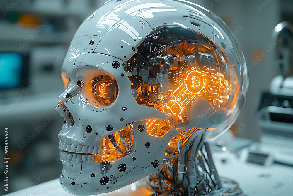Close-up of an advanced humanoid robot with a transparent skull ...