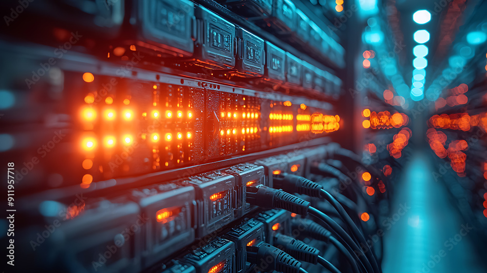 Close-up of a server rack with neatly organized cables and blinking LED ...