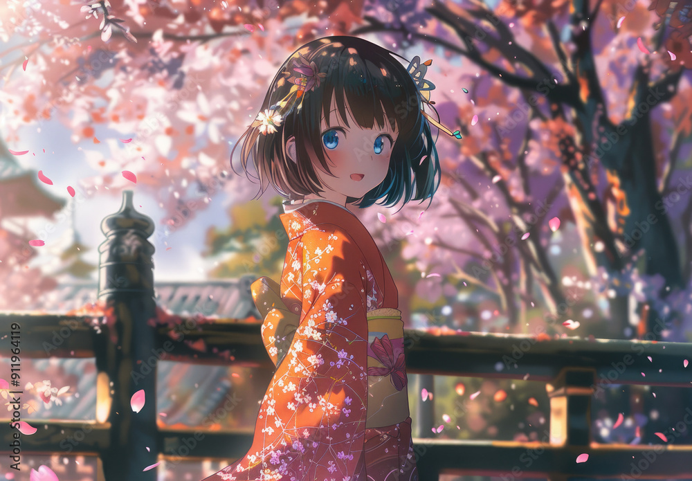 anime character posing in a cute dress with a spring garden background ...