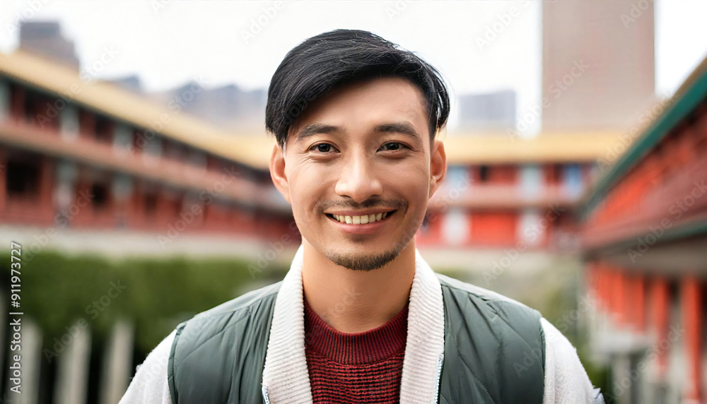 Smiling Chinese man smiling at the camera outdoors.Portrait photo of a ...