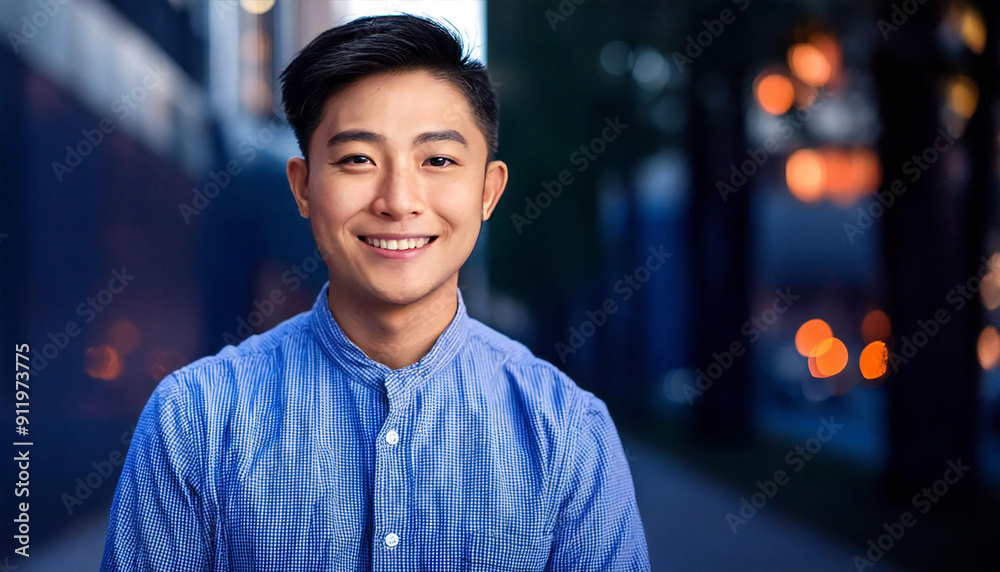 Smiling Chinese man smiling at the camera outdoors.Portrait photo of a ...
