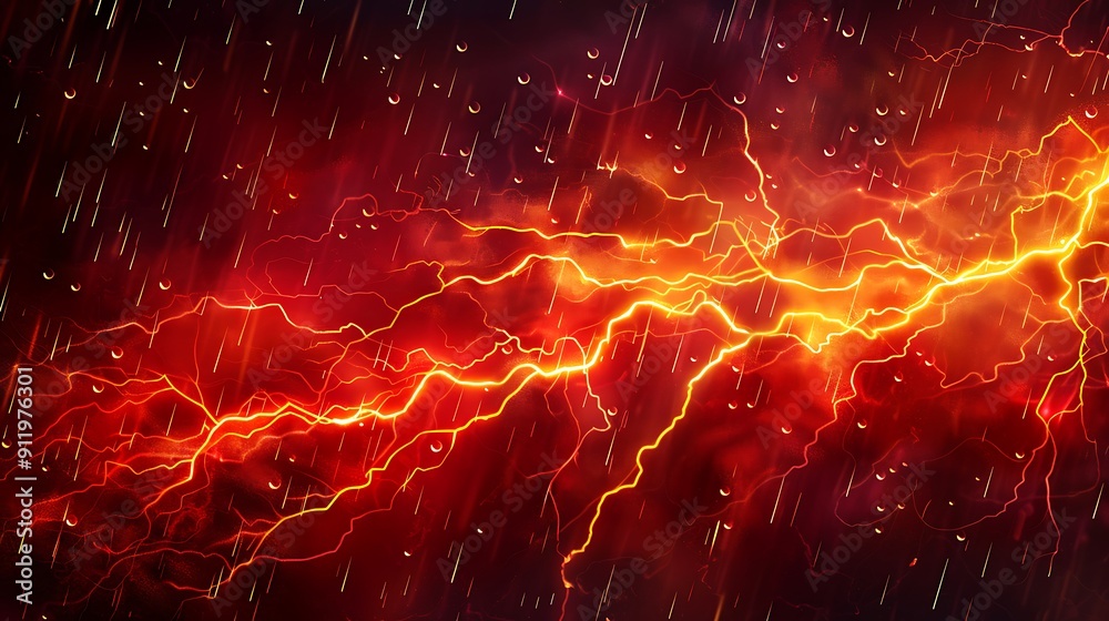 A red and orange lightning bolt with rain falling on it. Concept of ...