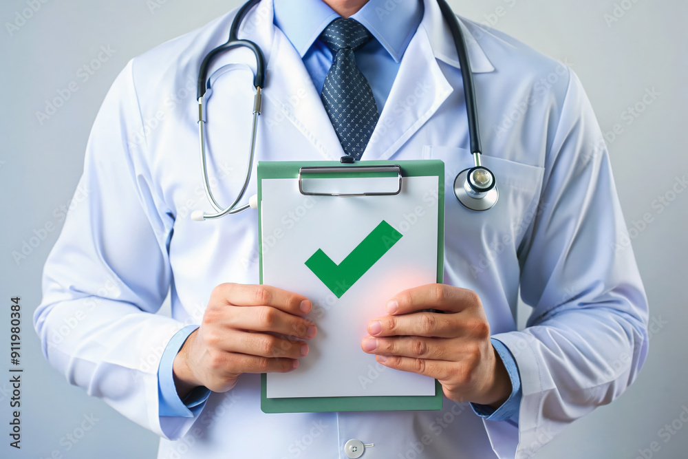 A doctor holds a clipboard with a right symbol marked paper ...
