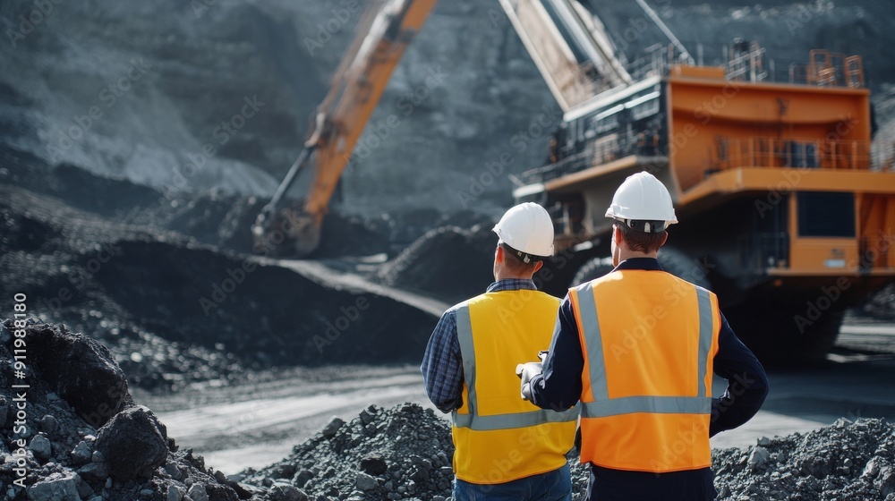 Mining operation site. Technicians and engineers overseeing excavation ...
