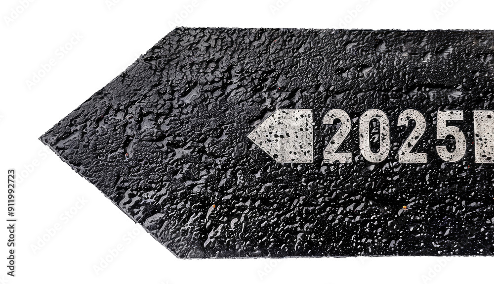 Asphalt road shaped as arrow with number of new year 2025, isolated on ...