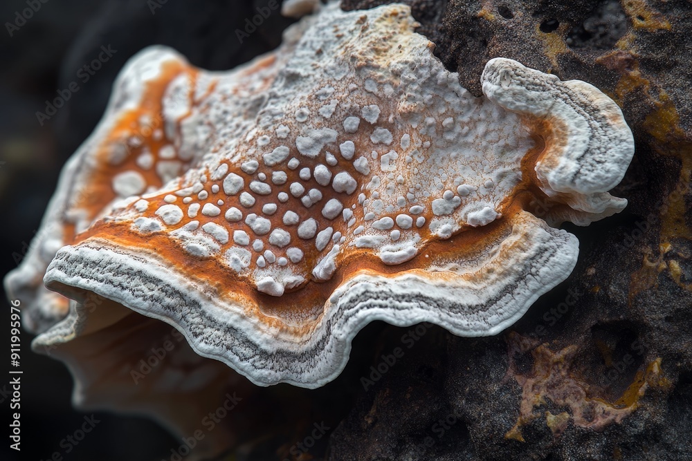 Macro shot of an alien fungus with unusual spore patterns and colors ...