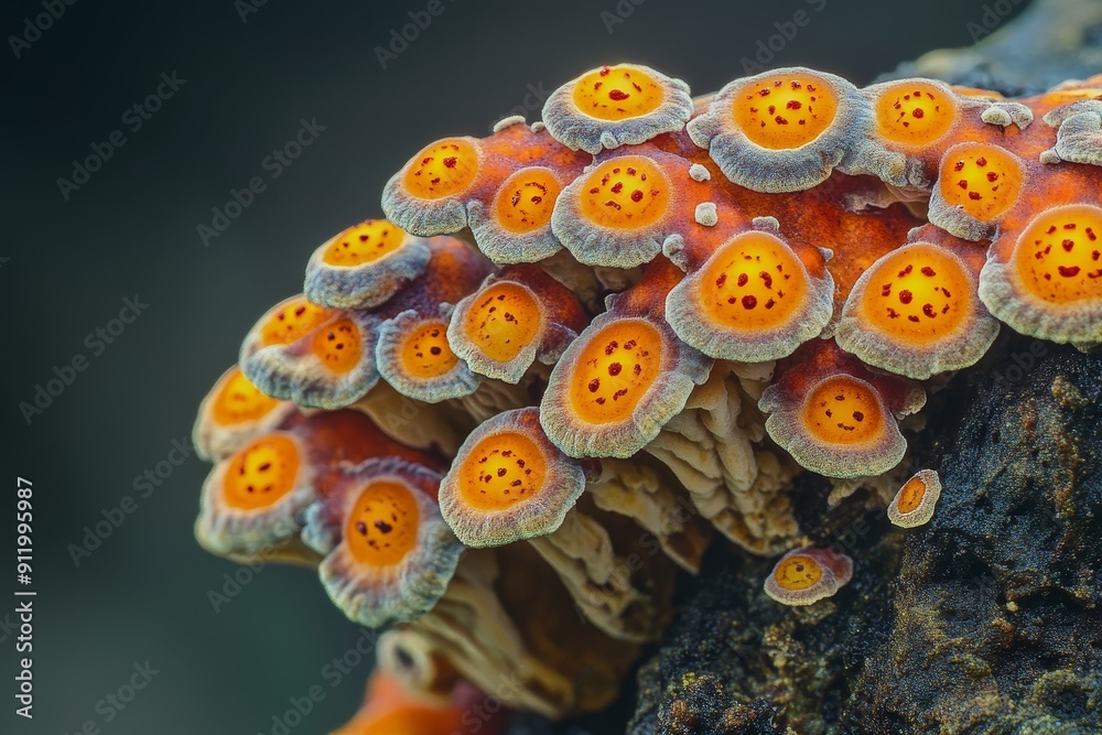 Macro shot of an alien fungus with unusual spore patterns and colors ...
