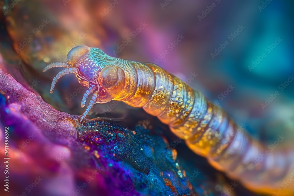 Detailed view of an alien nematode worm, burrowing through a colorful ...