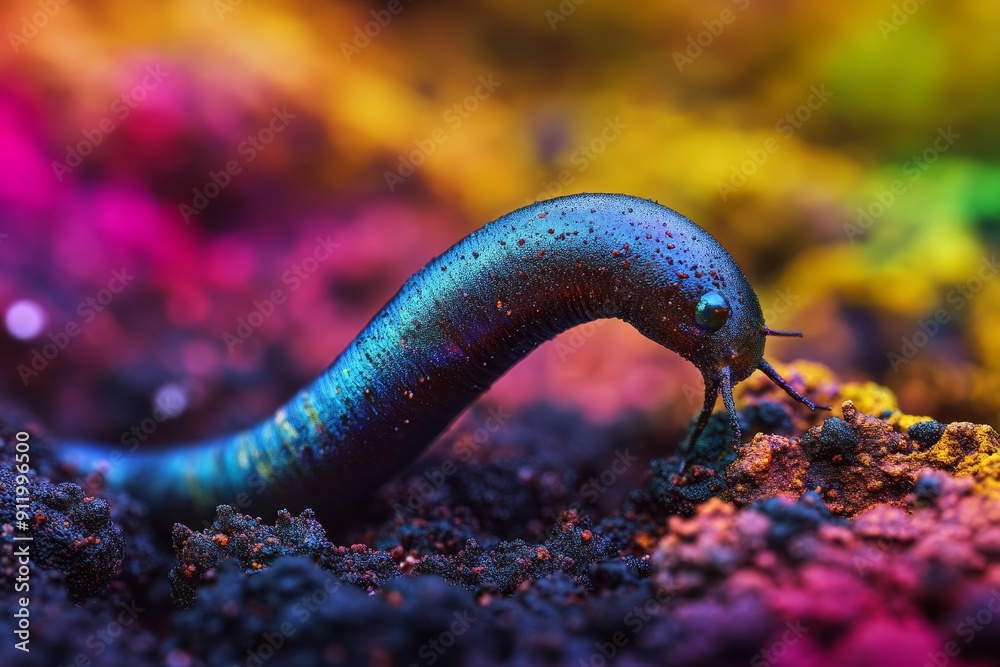 Detailed view of an alien nematode worm, burrowing through a colorful ...