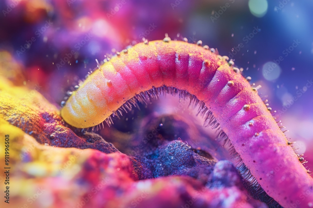 Detailed view of an alien nematode worm, burrowing through a colorful ...