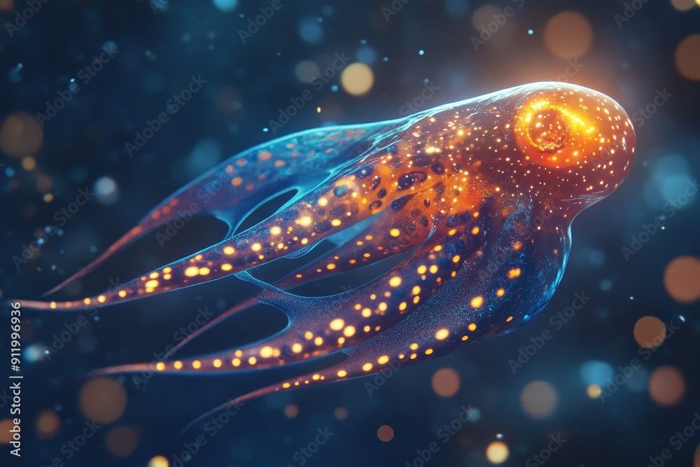 Detailed view of a tiny alien squid-like creature with bioluminescent ...