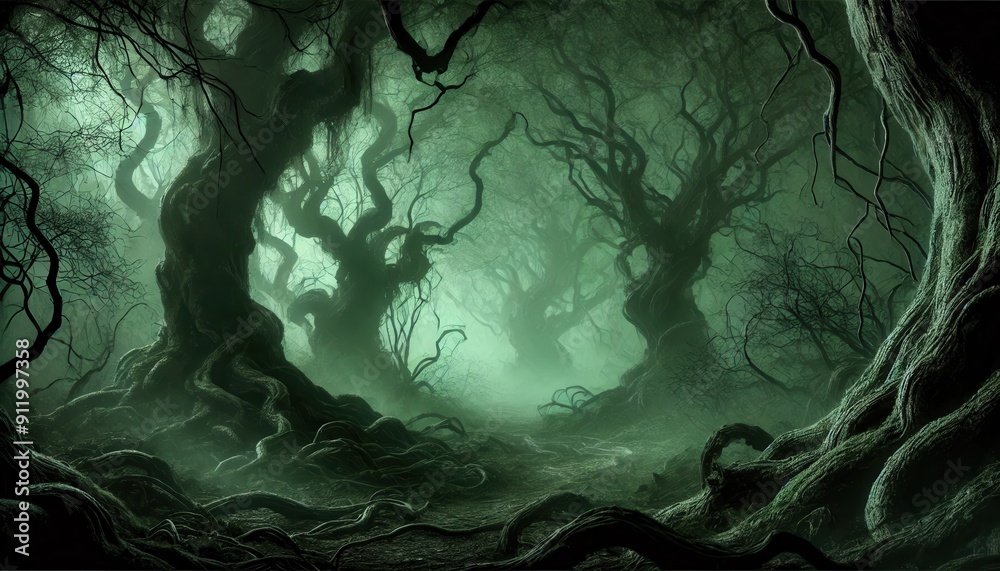 Spooky Enchanted Forest with Twisted Tree Trunks and Fog - Dark, Eerie, Creepy, and Mystical ...