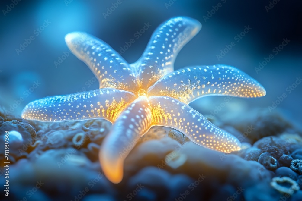 Close-up of a tiny alien starfish with five luminescent arms, crawling ...
