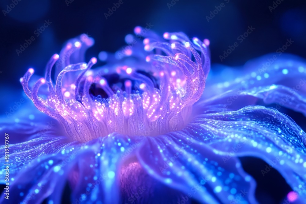 Macro shot of an alien anemone with bioluminescent tentacles, reacting ...
