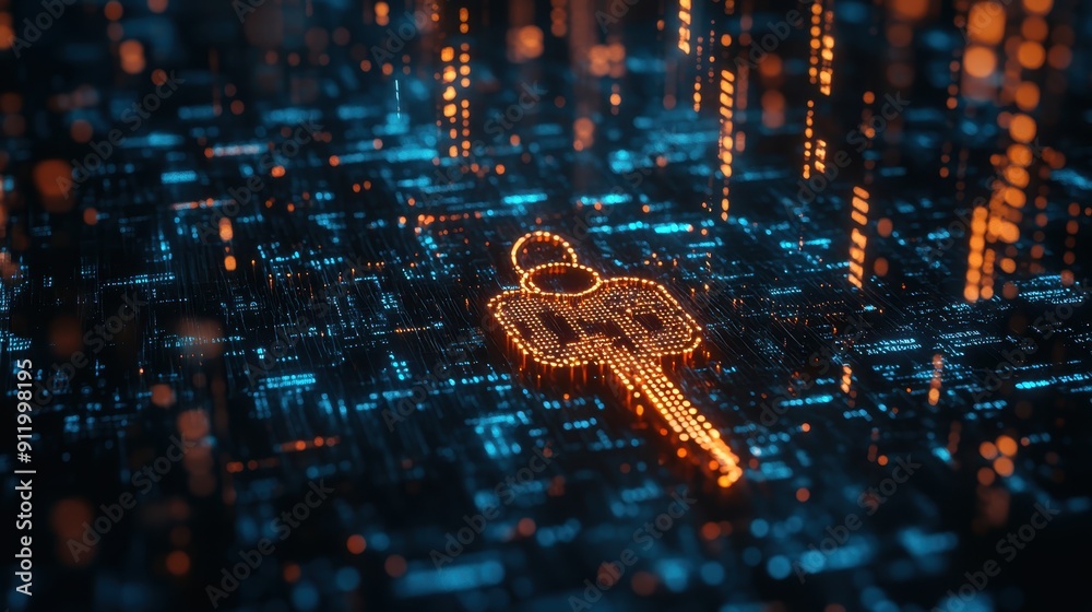 An elegant key floating in the center of an abstract digital landscape ...