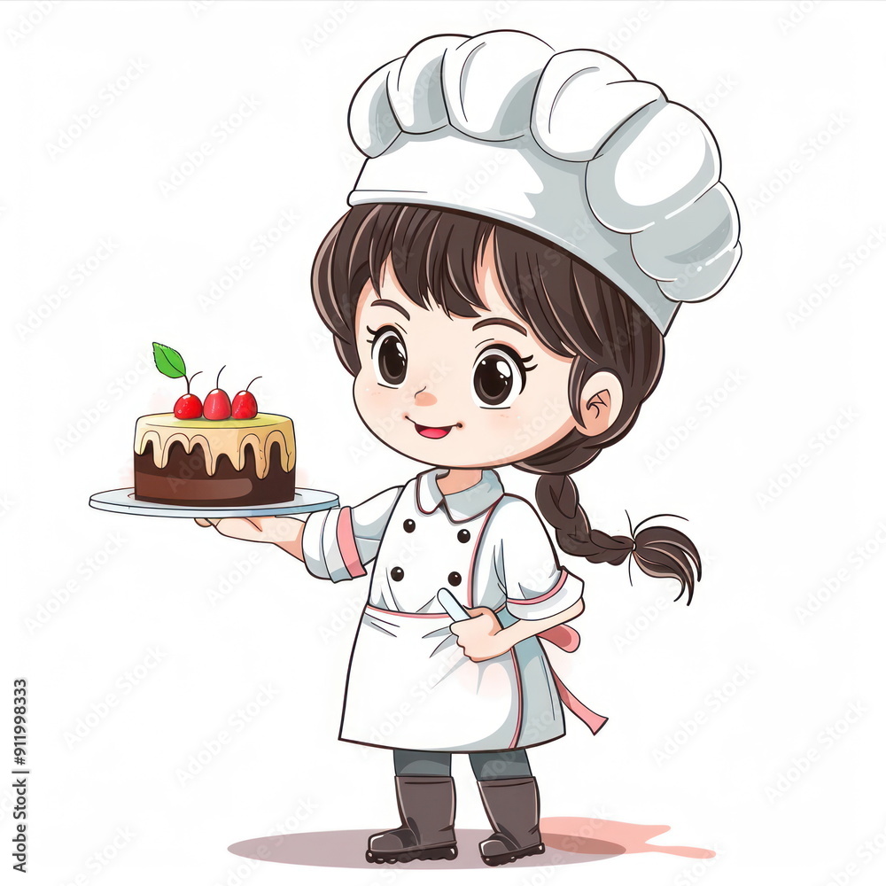 Cartoon character of cute little girl hold cake,wear chef uniform ...