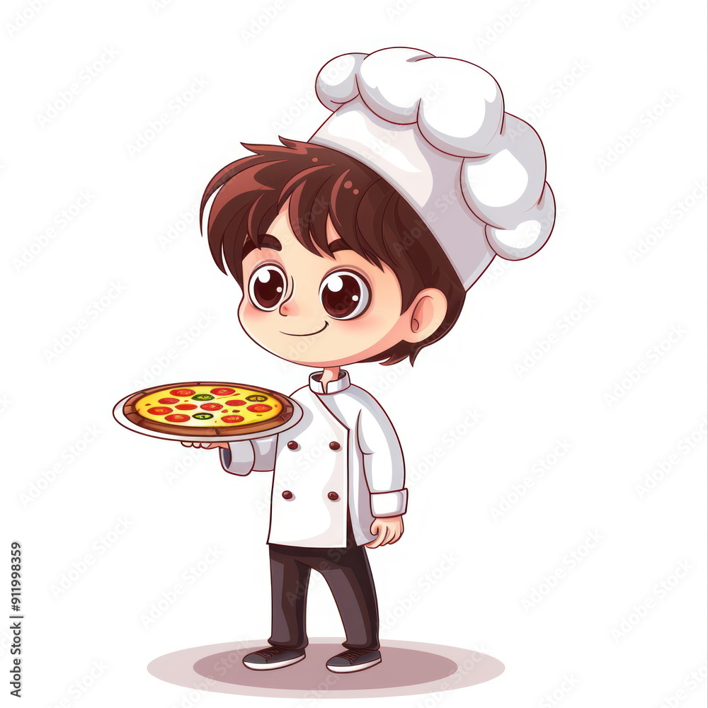Cartoon character of cute little boy hold pizza,wear chef uniform ...