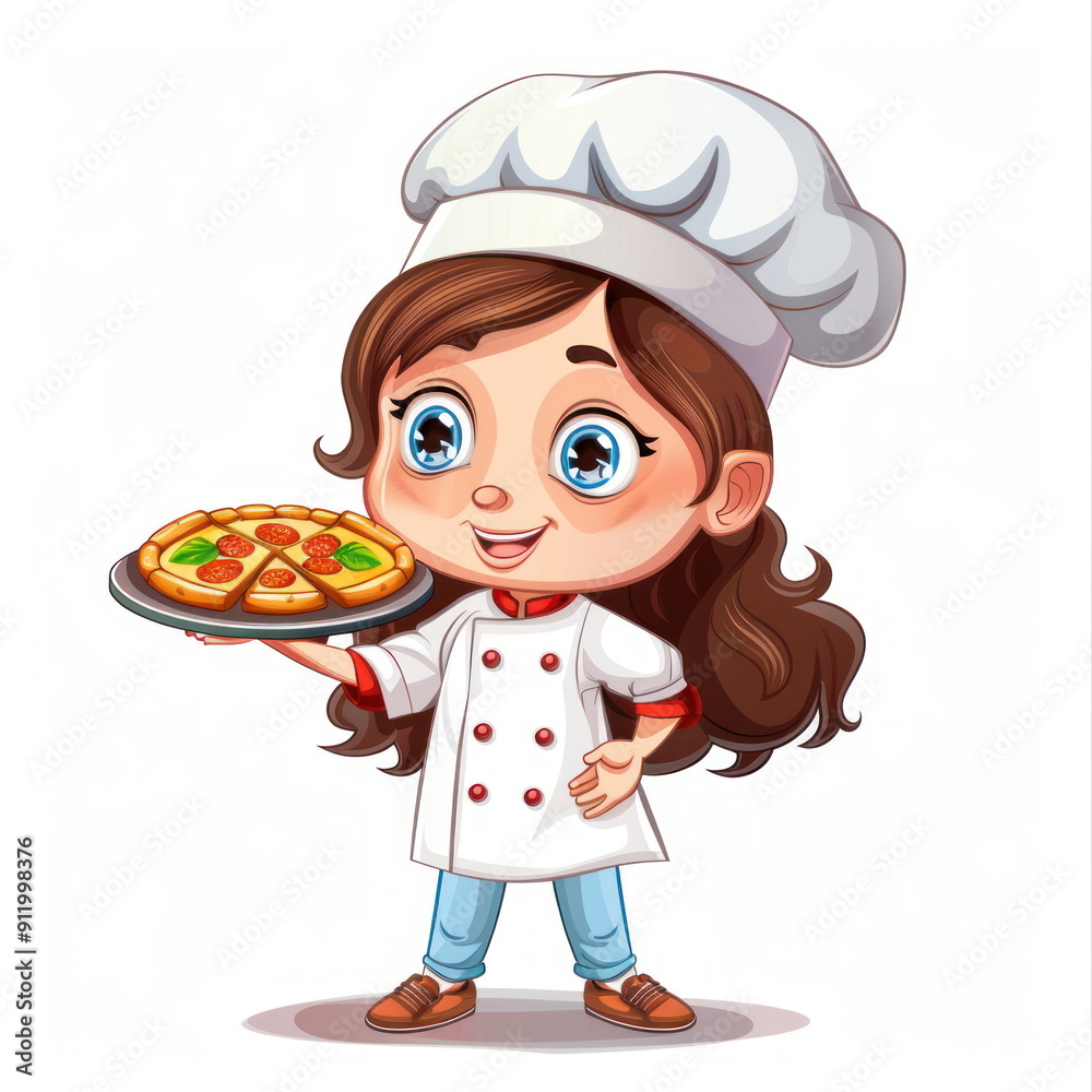 Cartoon character of cute little girl hold pizza,wear chef uniform ...