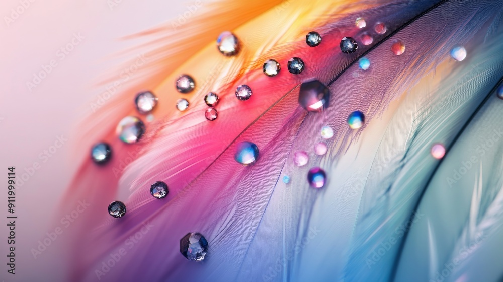 Delicate rainbow feathers hang on a black diamond string, revealing a ...