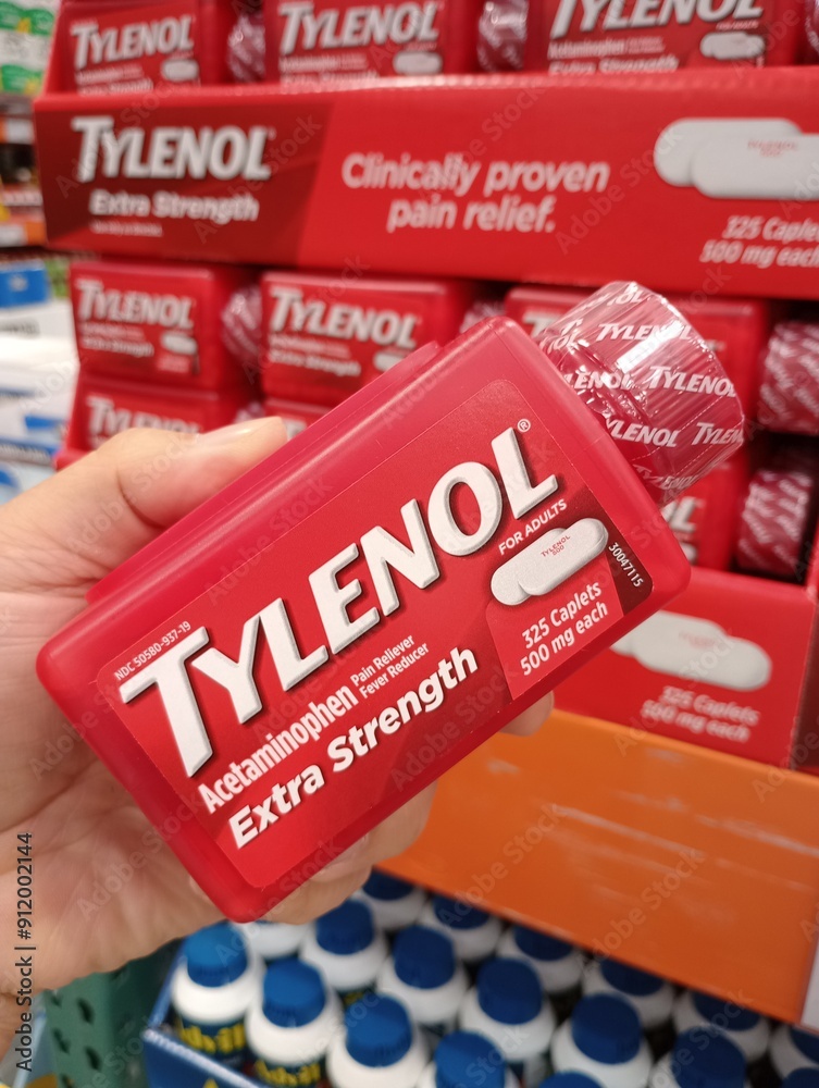WASHINGTON, USA - AUGUST 07, 2024 - A red bottle of Tylenol pain ...