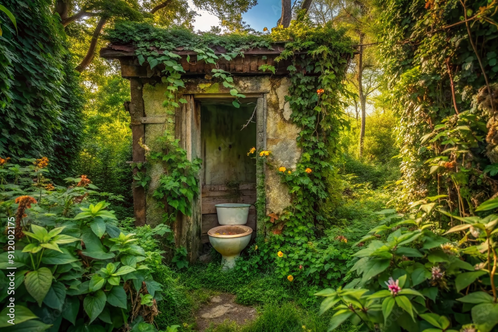 Abandoned squat toilet overtaken by nature, with lush green vines and ...