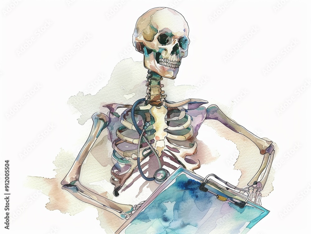 Skeleton with a stethoscope and clipboard,Clipart, watercolor ...