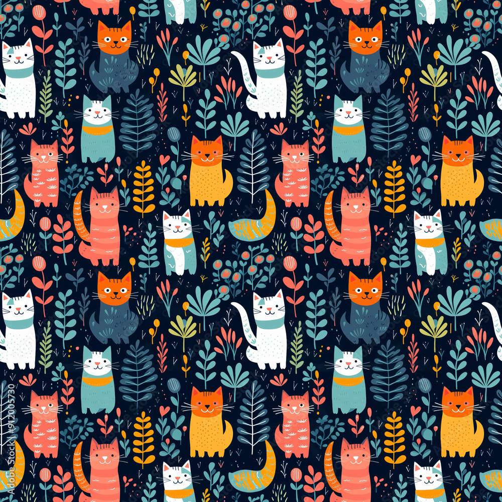 Seamless patterns of cats and flowers featuring adorable cats in a ...