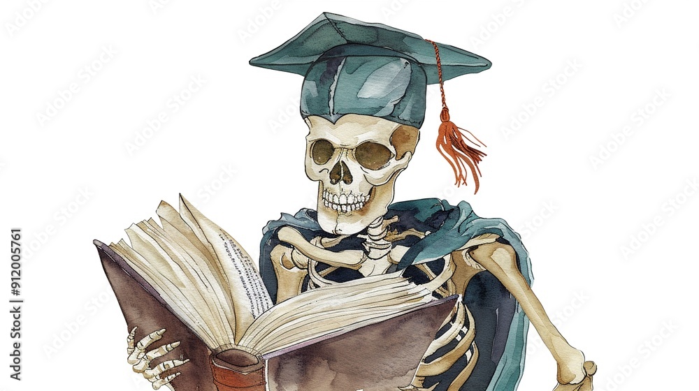 Skeleton with a book and graduation cap,Clipart, watercolor ...