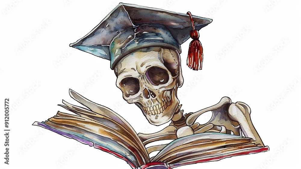 Skeleton with a book and graduation cap,Clipart, watercolor ...