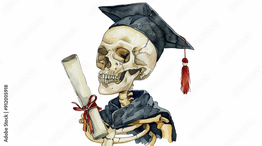 Skeleton with a graduation diploma,Clipart, watercolor illustration ...