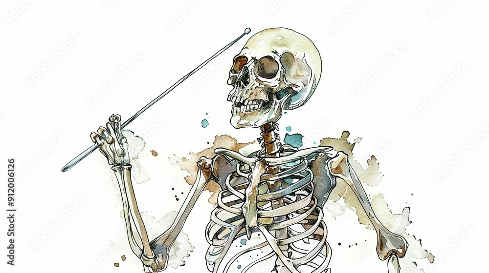Skeleton with a conductors baton,Clipart, watercolor illustration ...