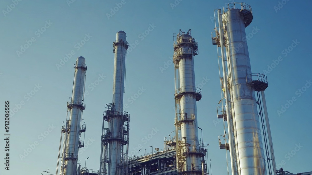 Oil refinery with distillation towers and pipelines. Featuring ...