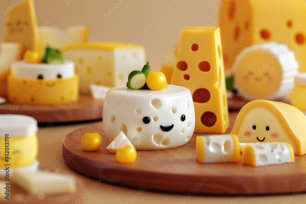 Cute cartoon style cheese platters, different designs, 3D render ...