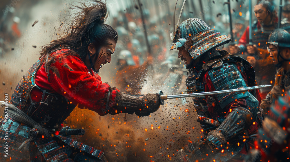 two ancient japanese samurai meet on the battlefield, the two wore ...