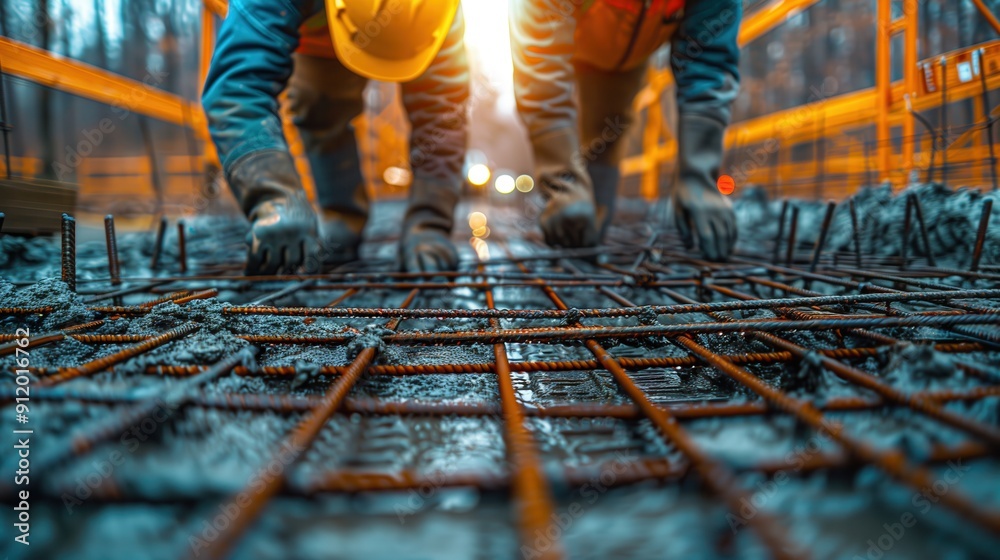 Workers Installing Rebar Mesh on Construction Site. Workers installing ...
