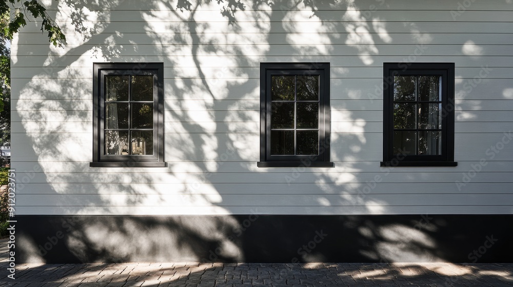 Black and white exterior wall with white wood planks, dark gray windows ...